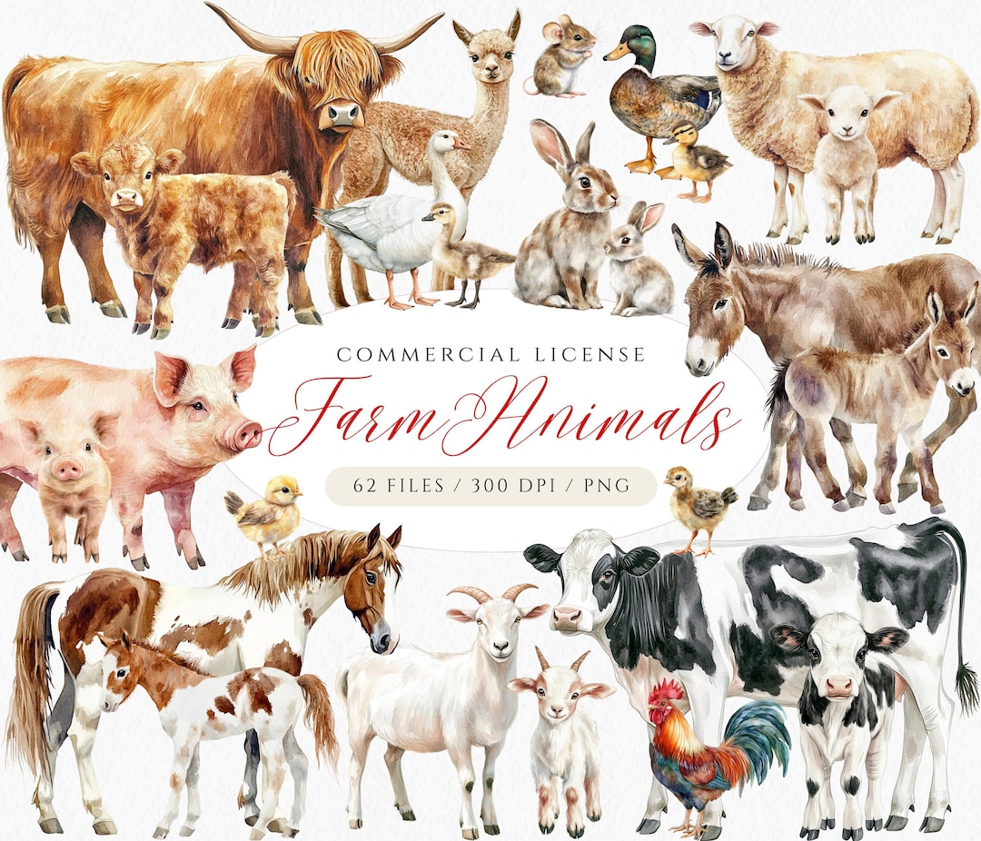Watercolor Farm Animals Clipart: Realistic Countryside PNG (digital ...
