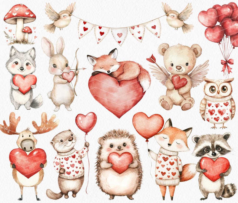 Valentine Woodland Animal Clipart: Boho Nursery Art (digital Download ...