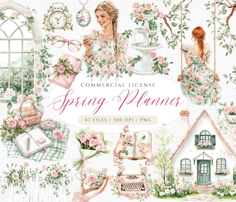 Watercolor Spring Planner Clipart: Cottage Floral PNG (digital Download ...