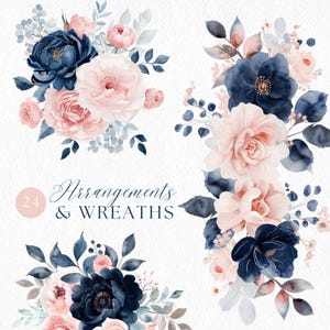Navy and Blush Floral Clipart: Watercolor Flower PNG Set (digital ...