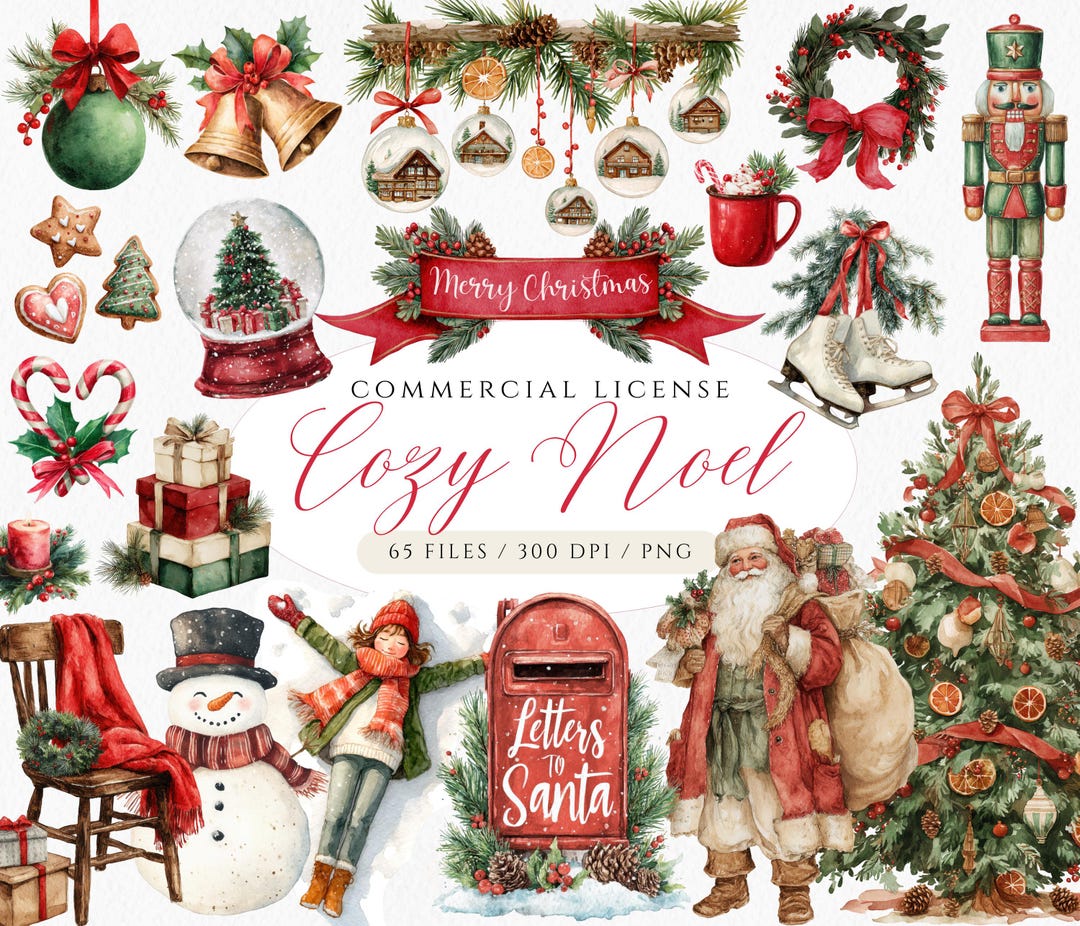 Watercolor Vintage Christmas Christmas Clipart, Rustic Santa, Snowman ...