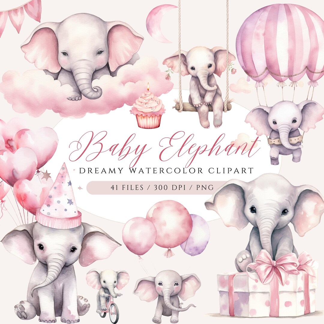 Baby Elephant Watercolor Clipart Elephant Clipart Birthday Elephant PNG ...
