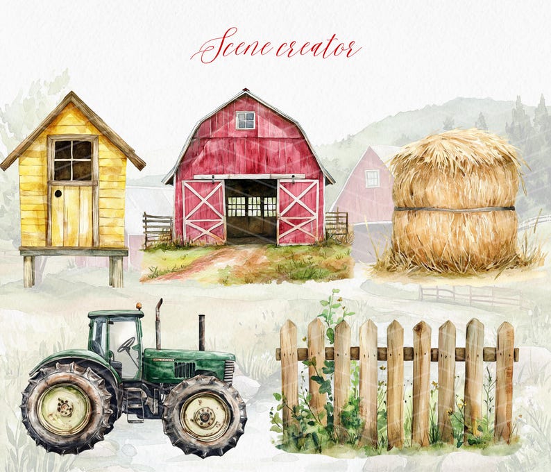 Watercolor Farm Animals Clipart: Realistic Countryside PNG (digital ...