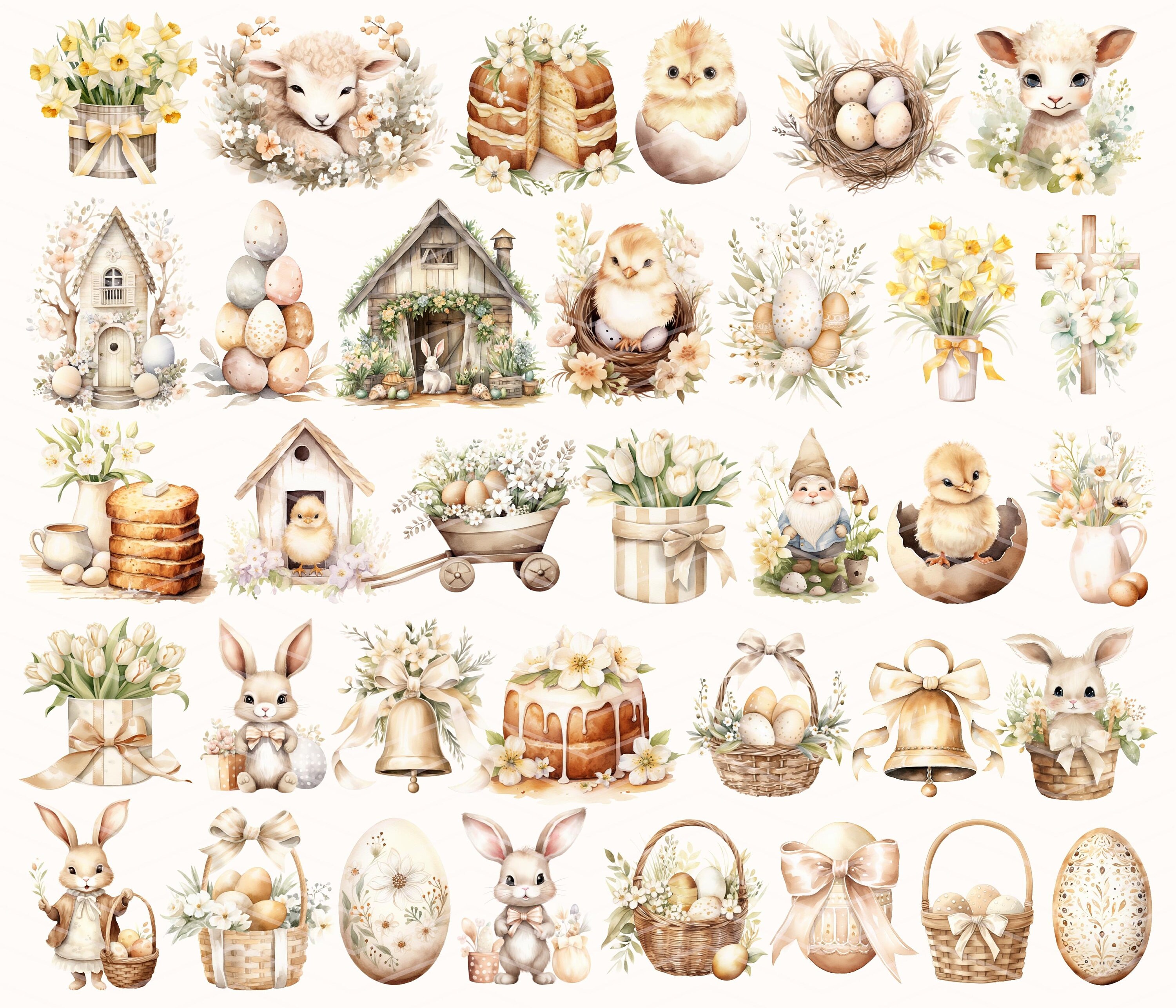 Watercolor Easter Clipart Bundle: Bunny, Eggs, Lamb, Tulips (PNG ...