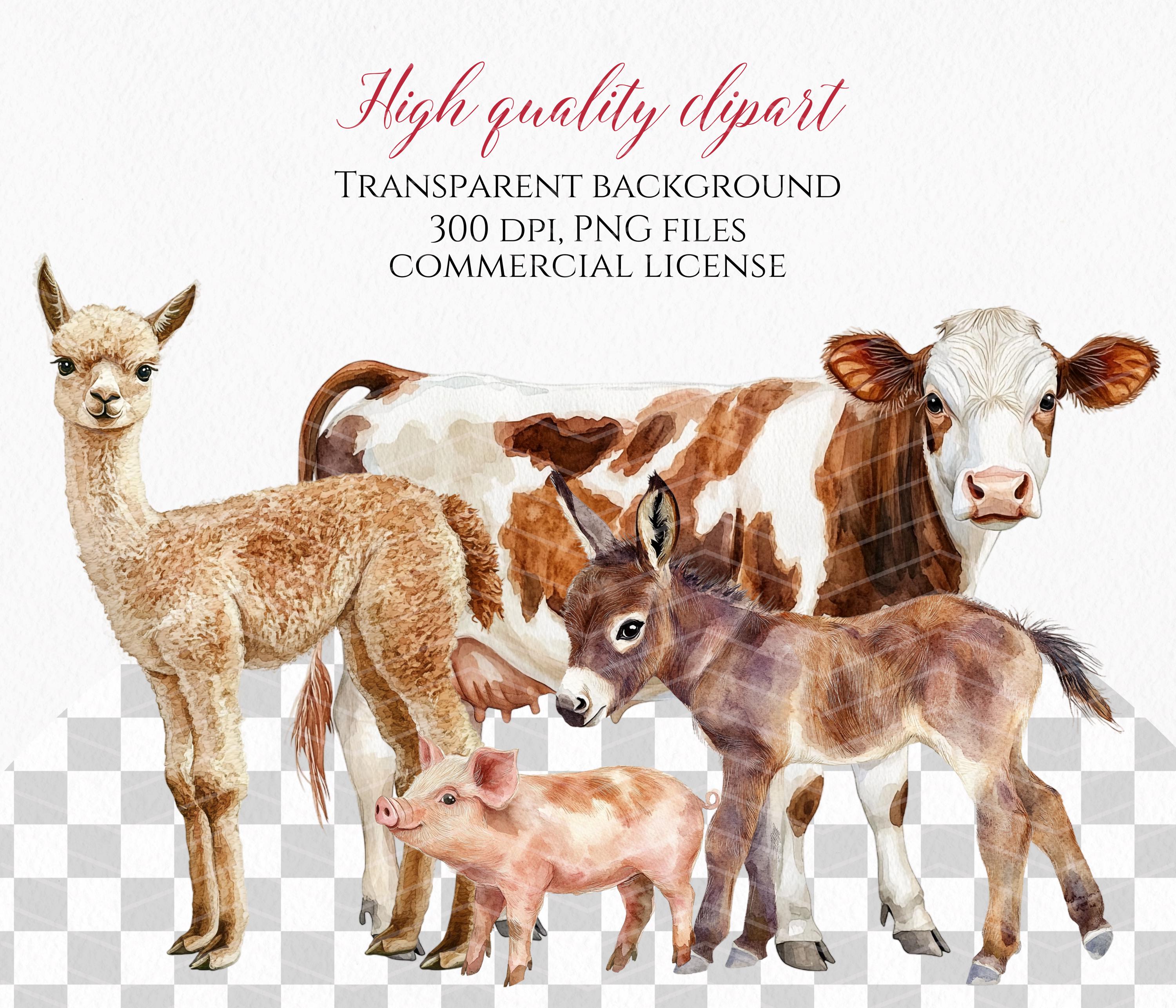 Watercolor Farm Animals Clipart: Realistic Countryside PNG (digital ...
