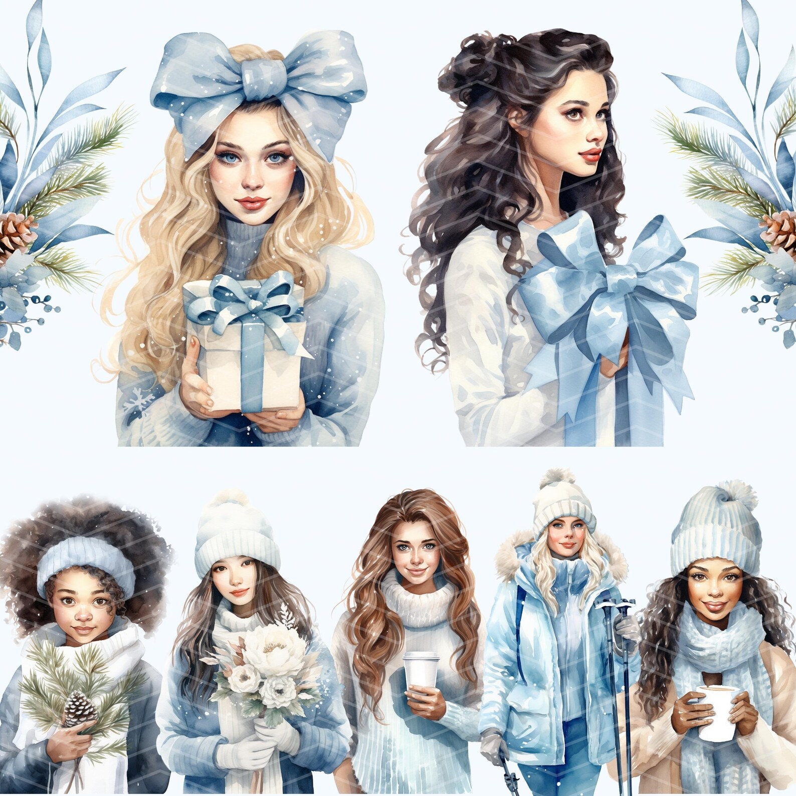 Watercolor Blue Christmas Clipart: Cottagecore PNG Bundle (commercial ...