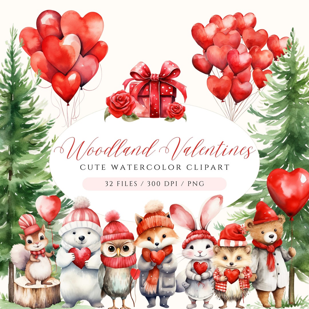 Woodland Valentines Clipart, Cute Woodland Animals on Valentines Day ...