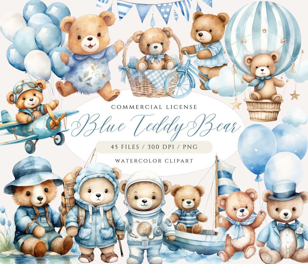 Blue Teddy Bear Clipart Bundle, Teddy Watercolor Clipart, Flying Teddy ...