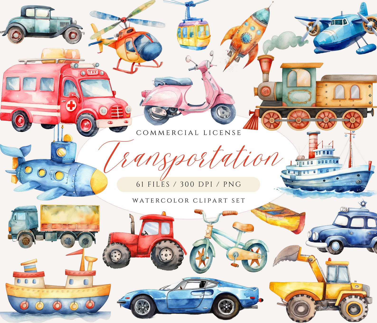 Watercolor Transportation Clipart, Vehicle Clipart, Public Transport ...