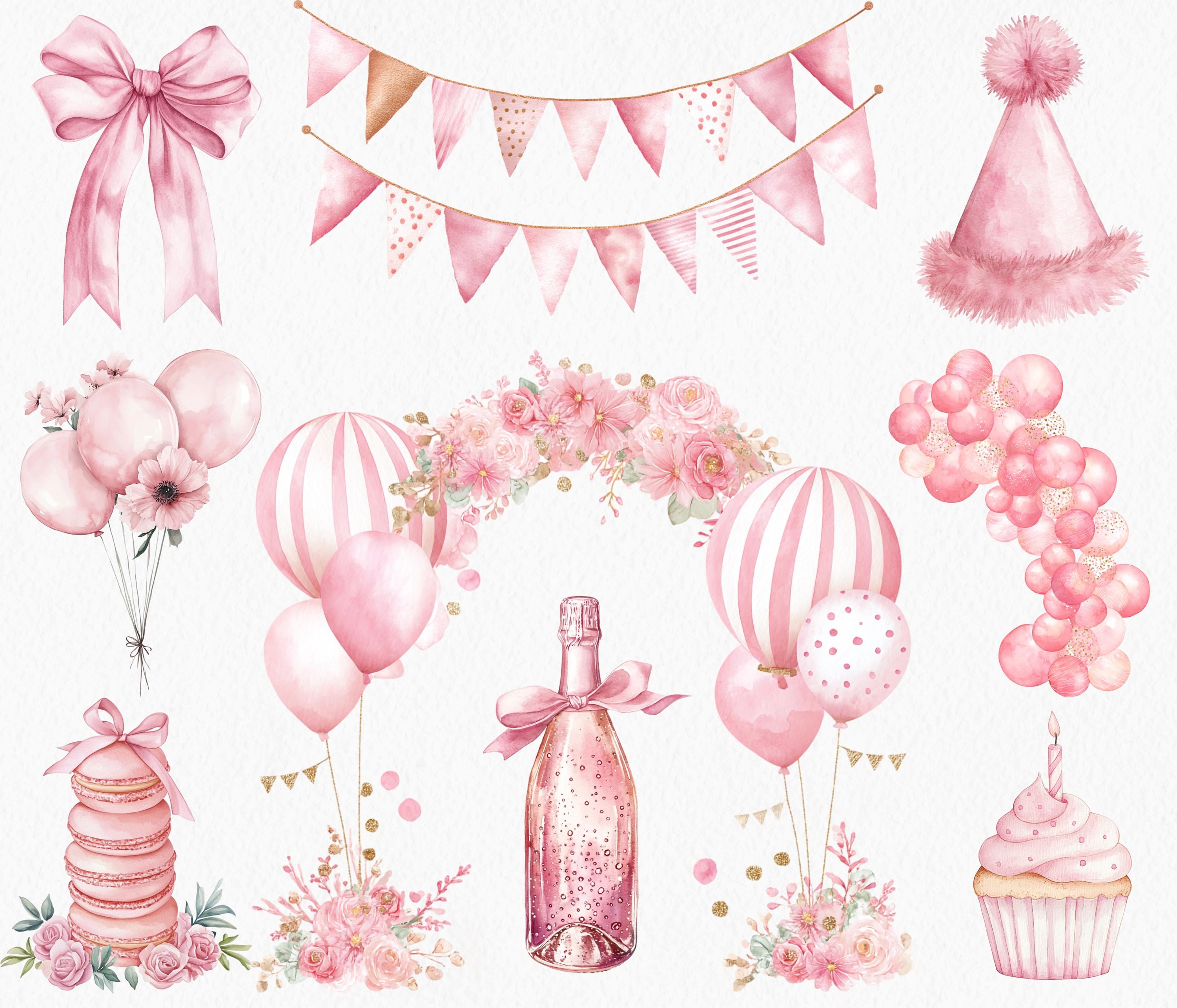 Watercolor Pink Birthday Clipart: Boho Party Graphics (digital Download ...