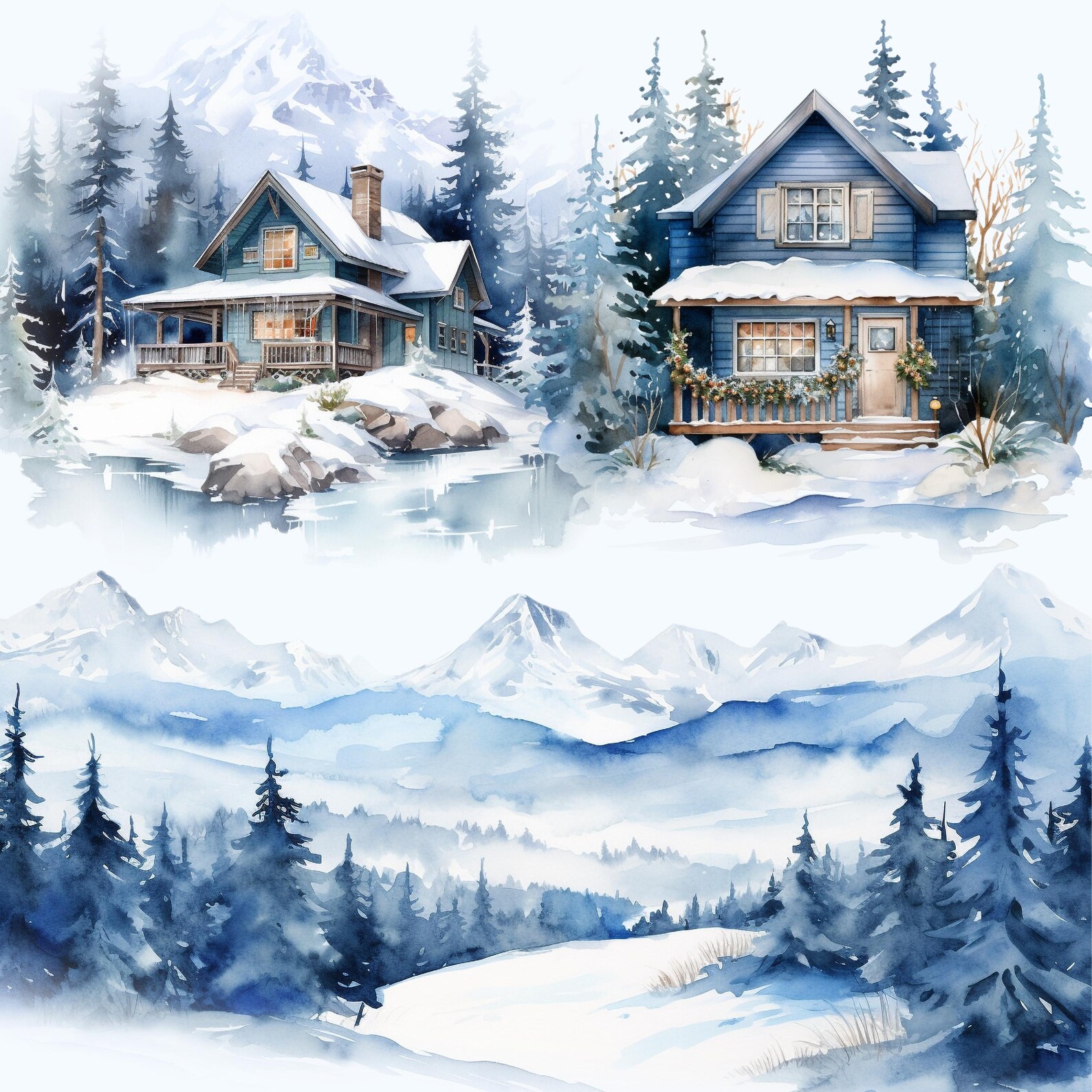 Watercolor Blue Christmas Clipart: Cottagecore PNG Bundle (commercial ...