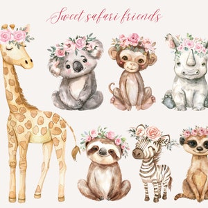 Pink Safari Animals Clipart: Watercolor Jungle Set (PNG Digital ...
