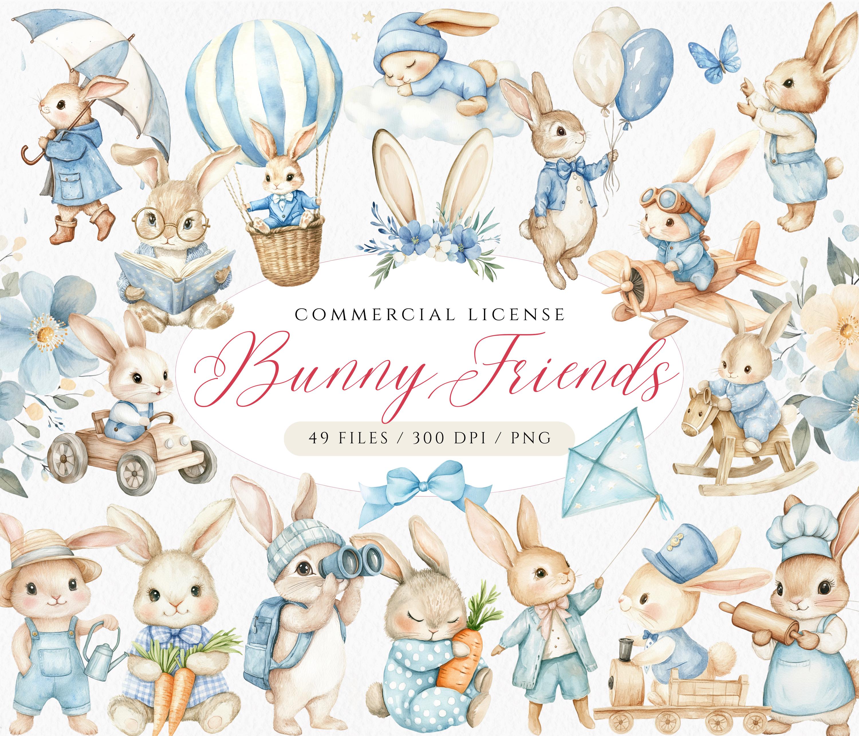 Watercolor Blue Bunny Clipart Bundle: Vintage Rabbit Nursery Designs ...