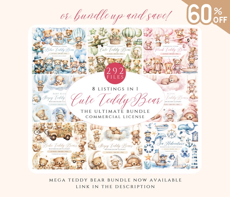 Pink Teddy Bear Clipart: Sleepy Watercolor Bear Bundle (digital ...