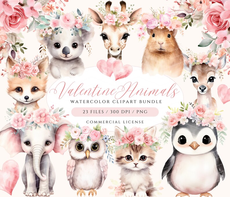 Watercolor Valentine's Day Clipart Bundle: Boho Hearts & Animals (PNG ...