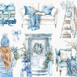 Blue Winter Watercolor Clipart Bundle: Cozy Christmas PNG (digital ...