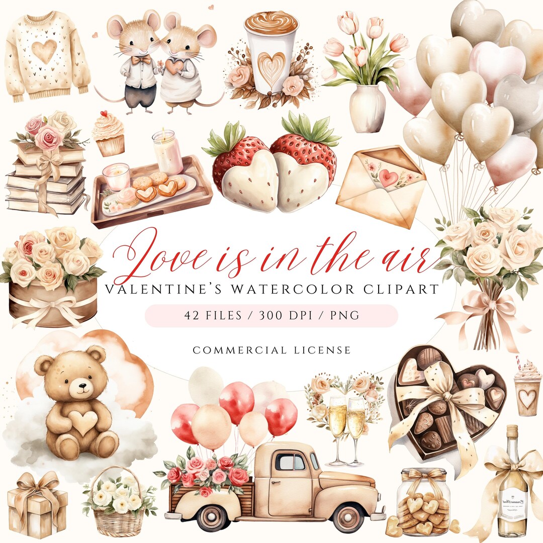 Watercolor Valentines Day Clipart, Boho Valentines Clipart, Valentine ...