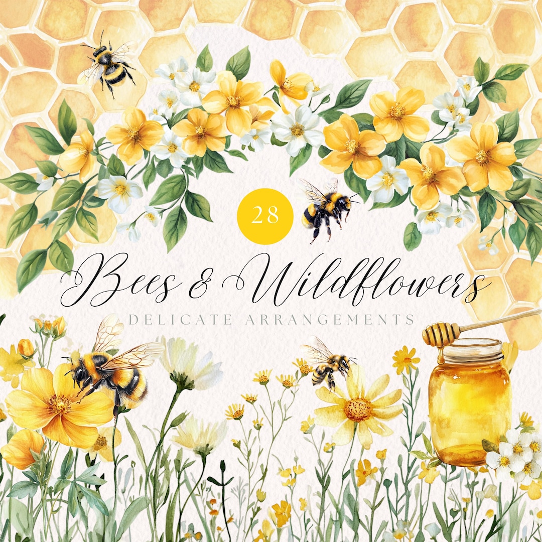 Bees and Wildflowers Watercolor Clipart: Honeycomb & Floral Wreaths ...