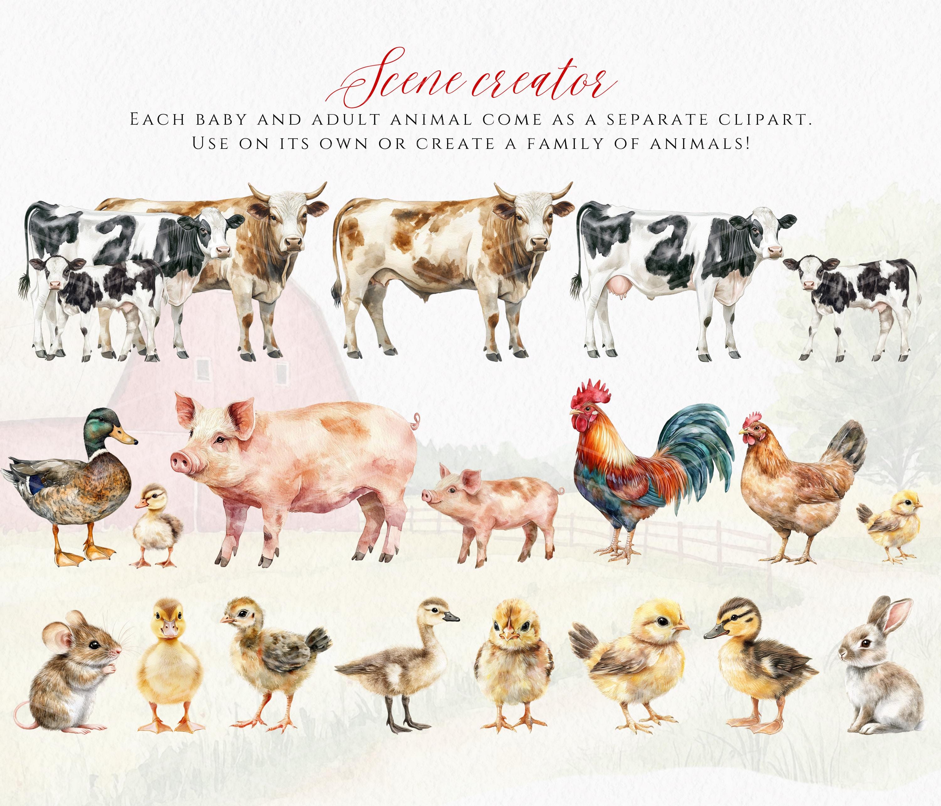 Watercolor Farm Animals Clipart: Realistic Countryside PNG (digital ...