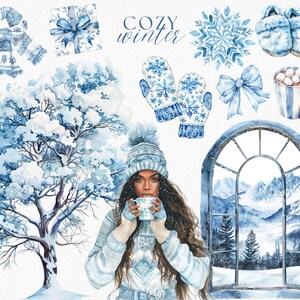 Blue Winter Watercolor Clipart Bundle: Cozy Christmas PNG (digital ...