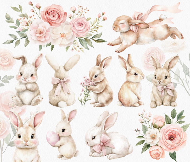 Coquette Floral Bunny Clipart Set: Watercolor Pink Easter Bunnies PNG ...