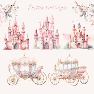 Watercolor Princess Clipart: Fairytale Castle, Carriage, Knight ...