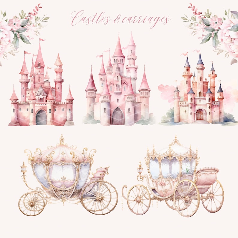 Watercolor Princess Clipart: Fairytale Castle, Carriage, Knight ...