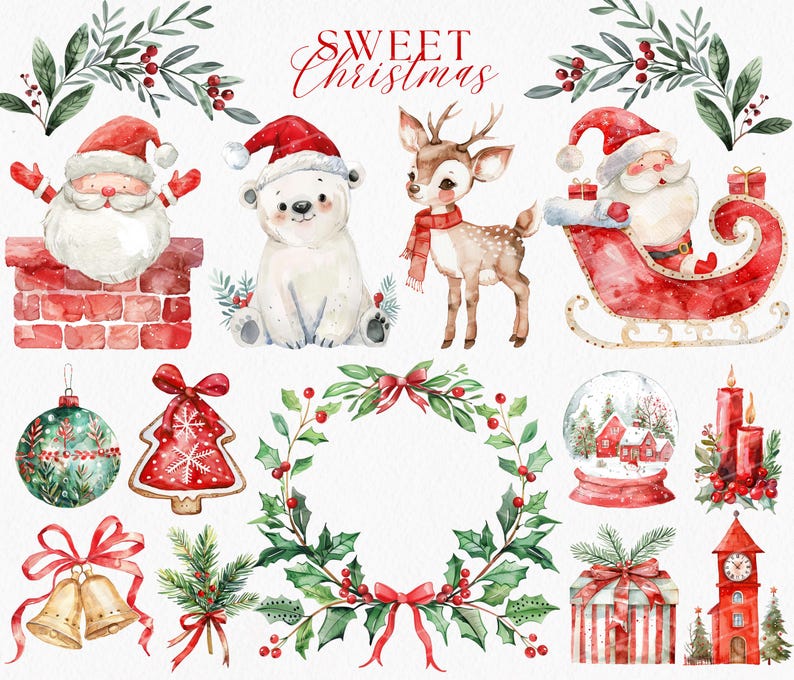 Watercolor Christmas Clipart Bundle: Santa's Village, Reindeer, Elf ...