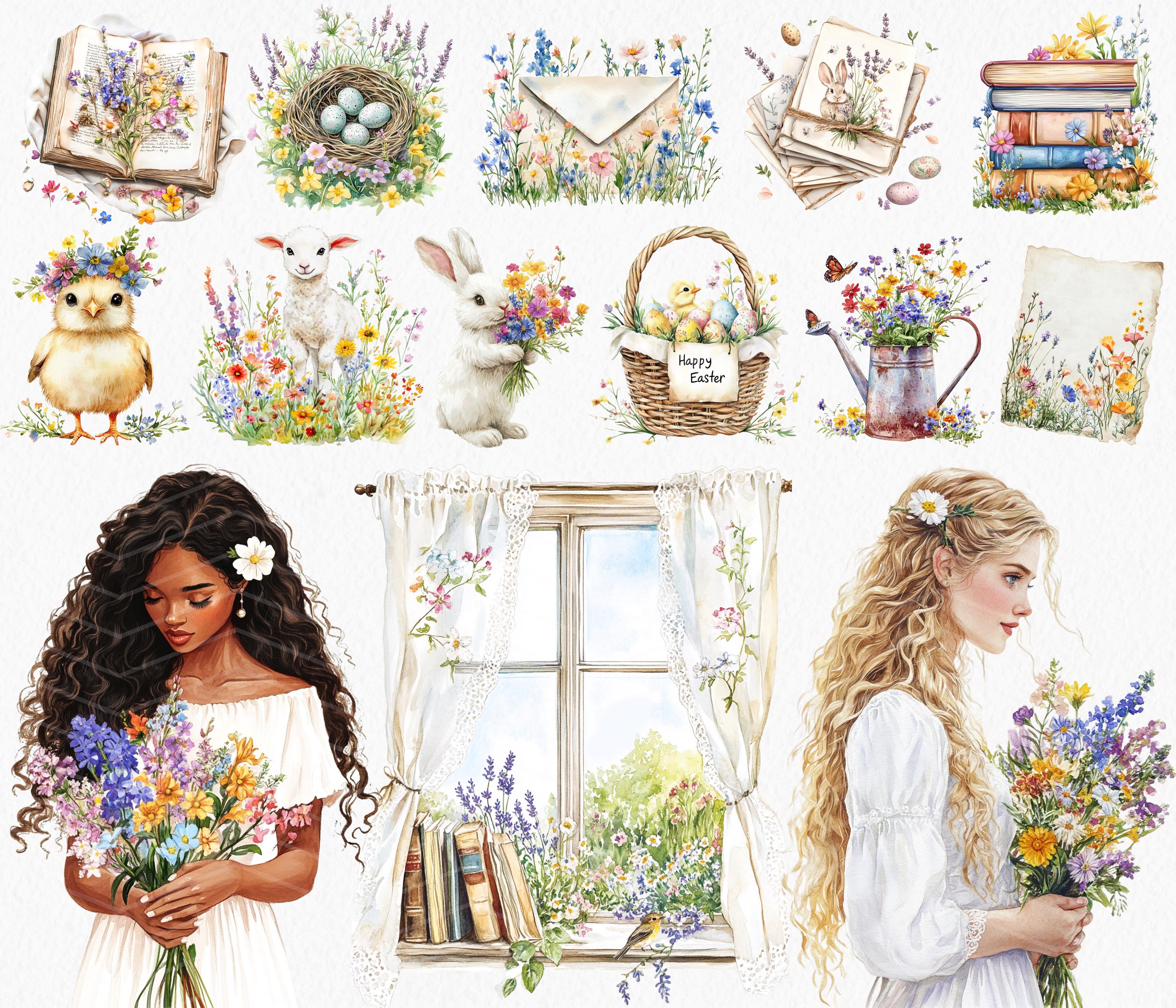 Watercolor Wildflower Spring Clipart: Cottagecore PNG Bundle (digital ...