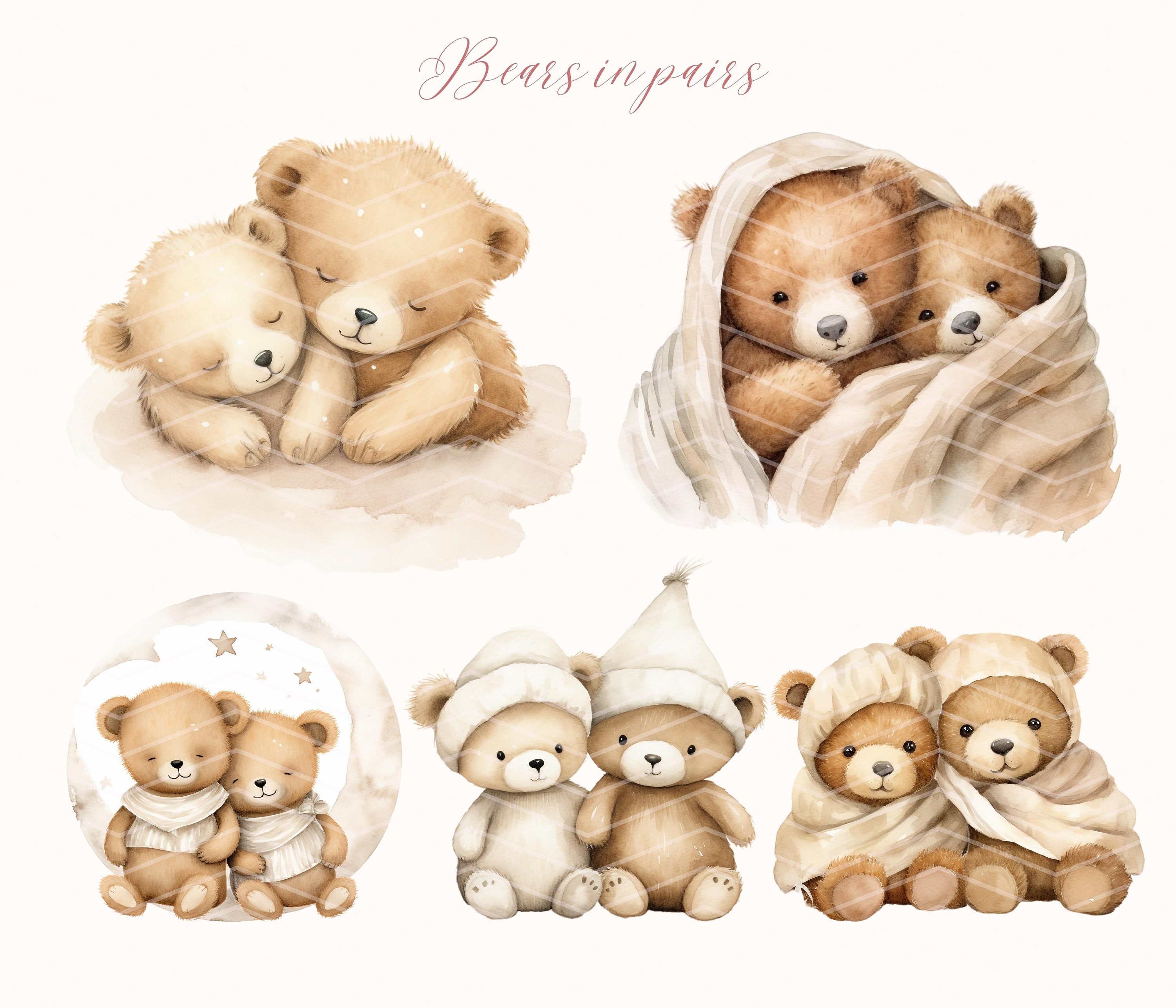 Watercolor Teddy Bear Clipart: Neutral Baby Shower PNG (digital ...