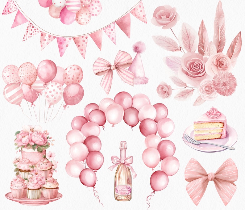 Watercolor Pink Birthday Clipart: Boho Party Graphics (digital Download ...