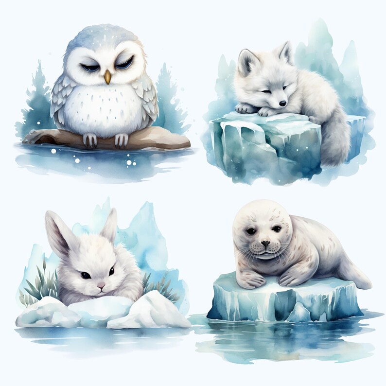 Watercolor Arctic Animals Clipart: Winter Wonderland PNG (digital ...