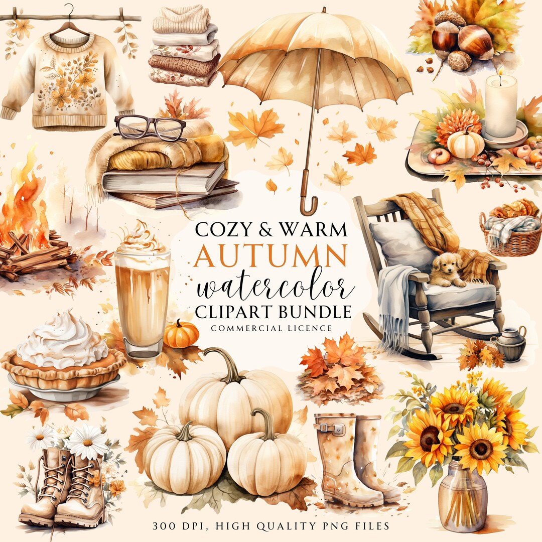 Cozy Fall Clipart Bundle Watercolor Autumn Clipart Warm - Etsy