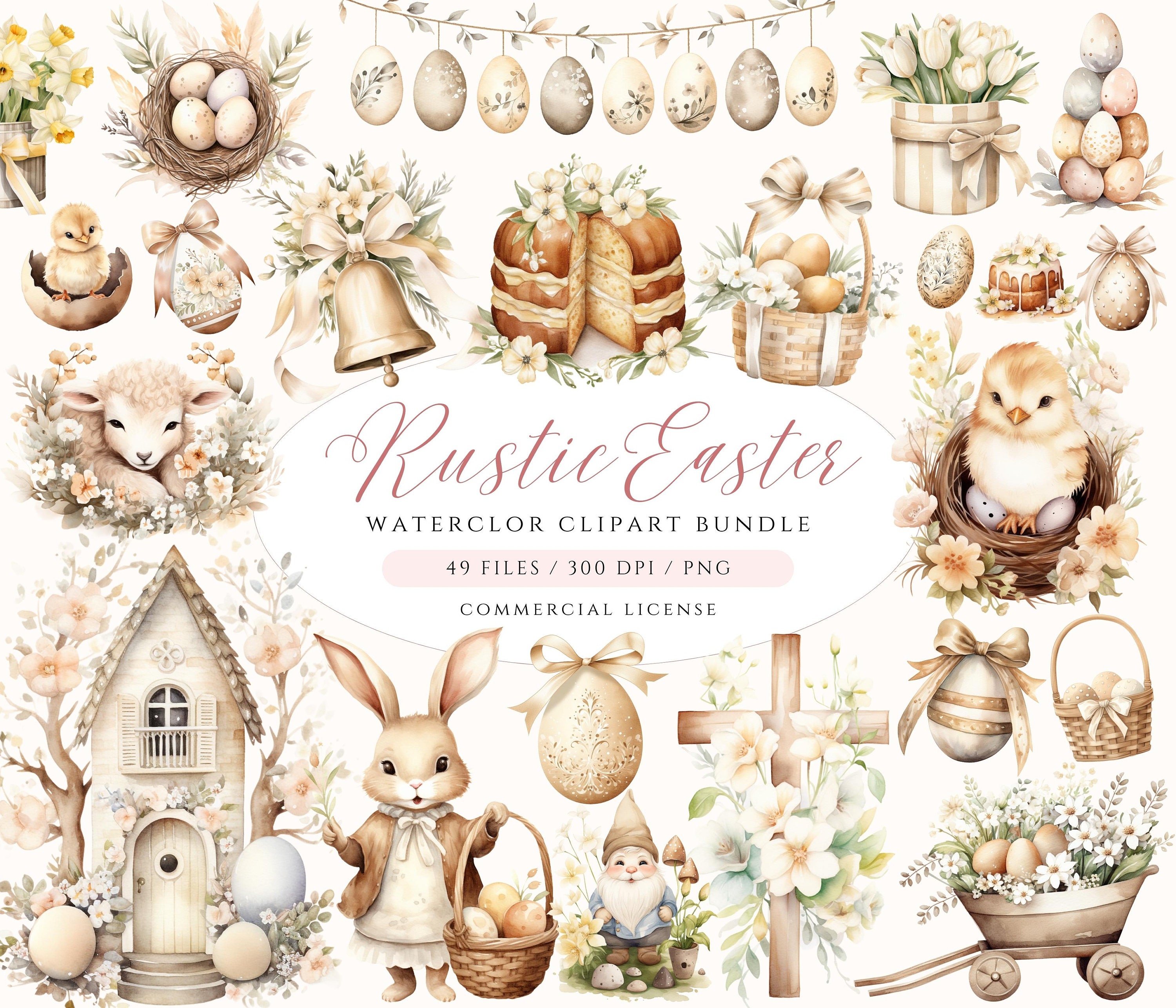 Watercolor Easter Clipart Bundle: Bunny, Eggs, Lamb, Tulips (PNG ...