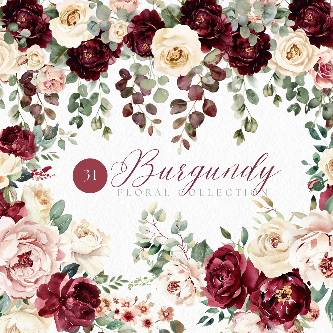 Watercolor Burgundy Floral Clipart, Burgundy Flowers, Wedding Flower ...