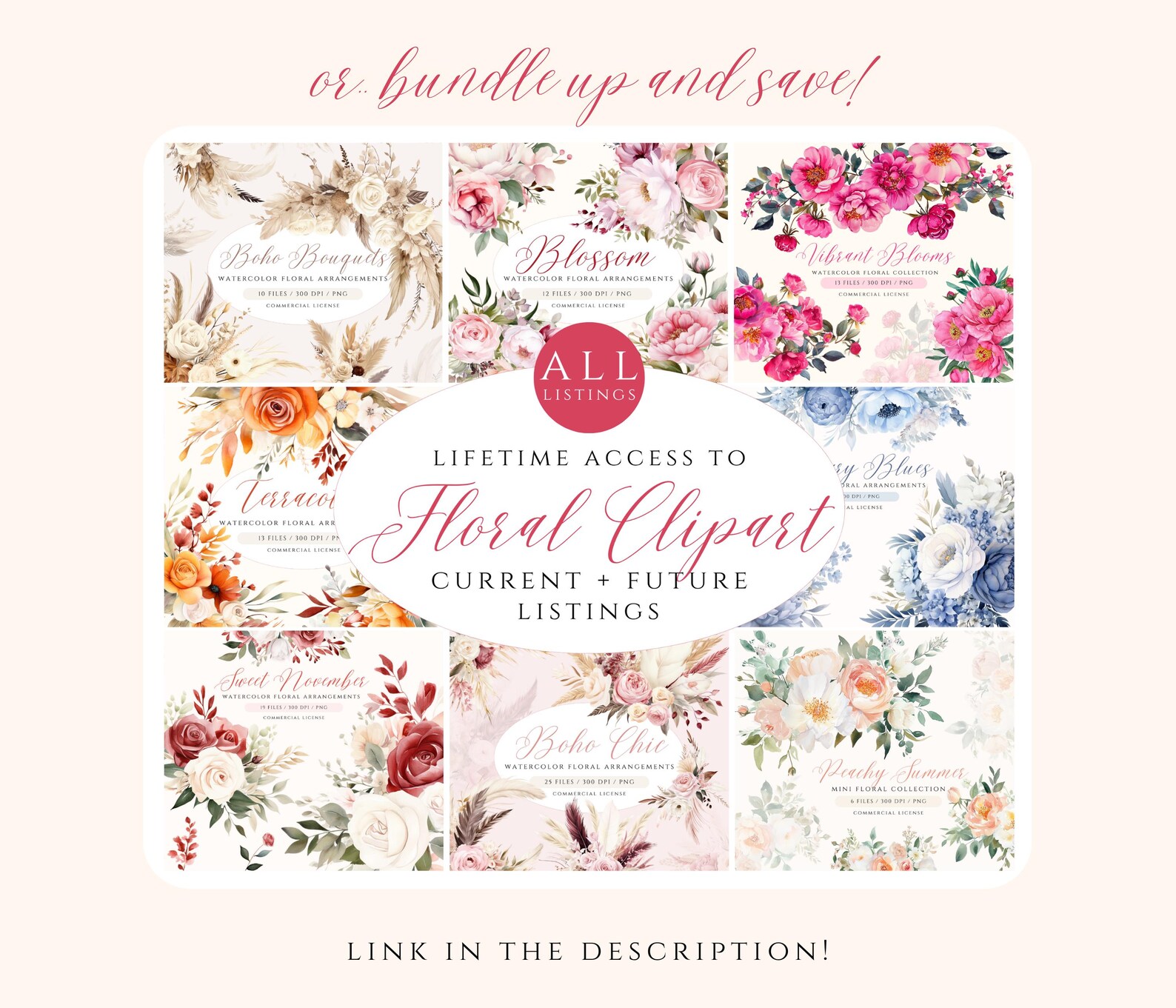 Watercolor Peach Floral Clipart: Blush Flower Pngs (commercial Use ...