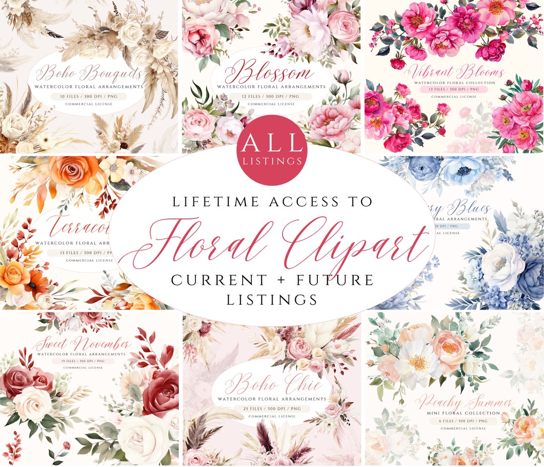 Watercolor Floral Clipart Mega Bundle: Lifetime Access, Commercial ...