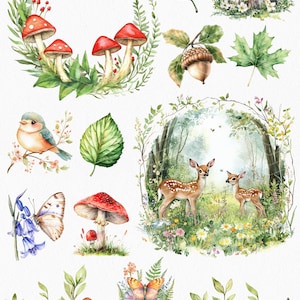 Watercolor Spring Woodland Clipart: Animals, Forest Wreath (PNG ...