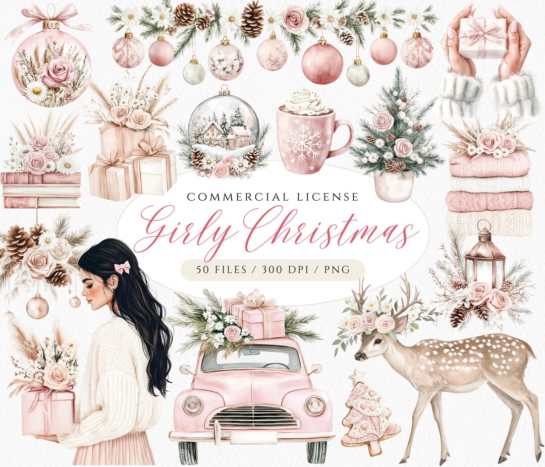 Boho Pink Christmas Clipart Bundle: Feminine Floral PNG (digital ...