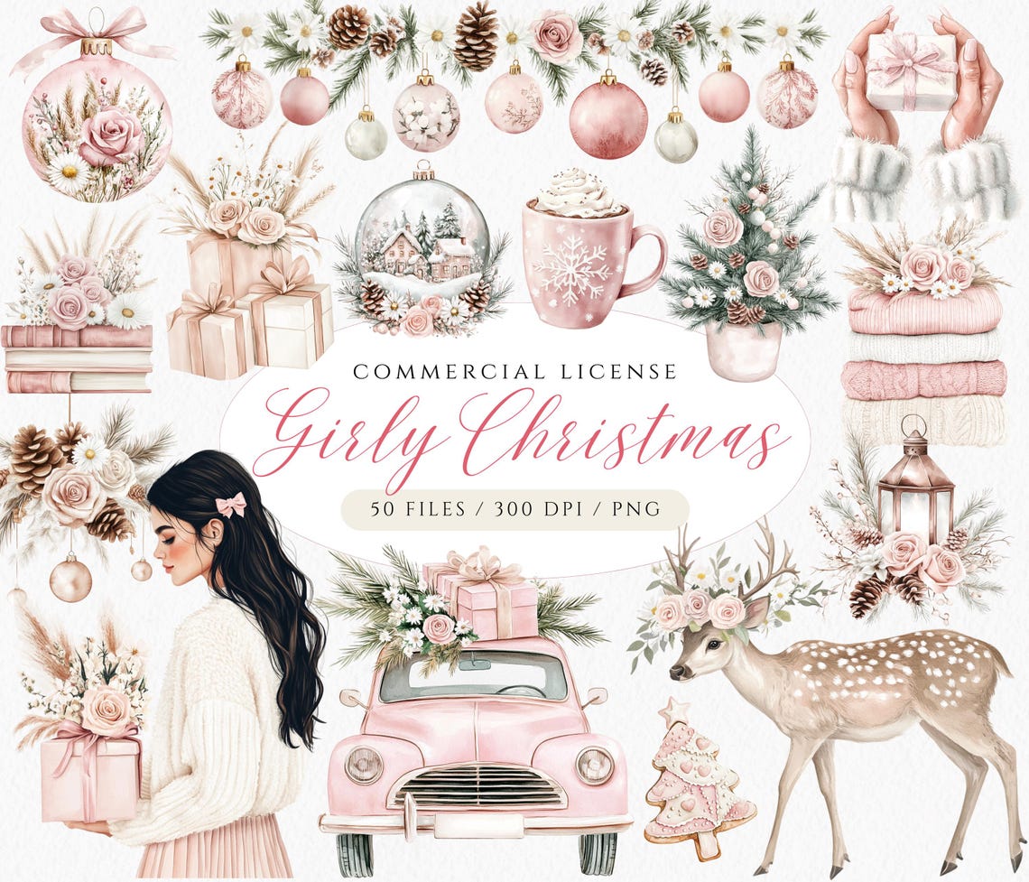 Boho Pink Christmas Clipart Bundle: Feminine Floral PNG (digital ...