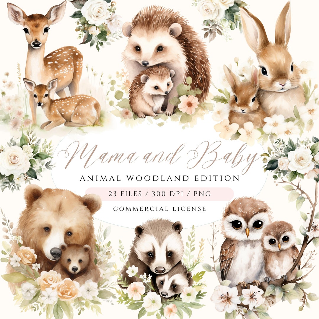 Watercolor Mama and Baby Animal Clipart, Baby Animals, Cute Animal PNG ...