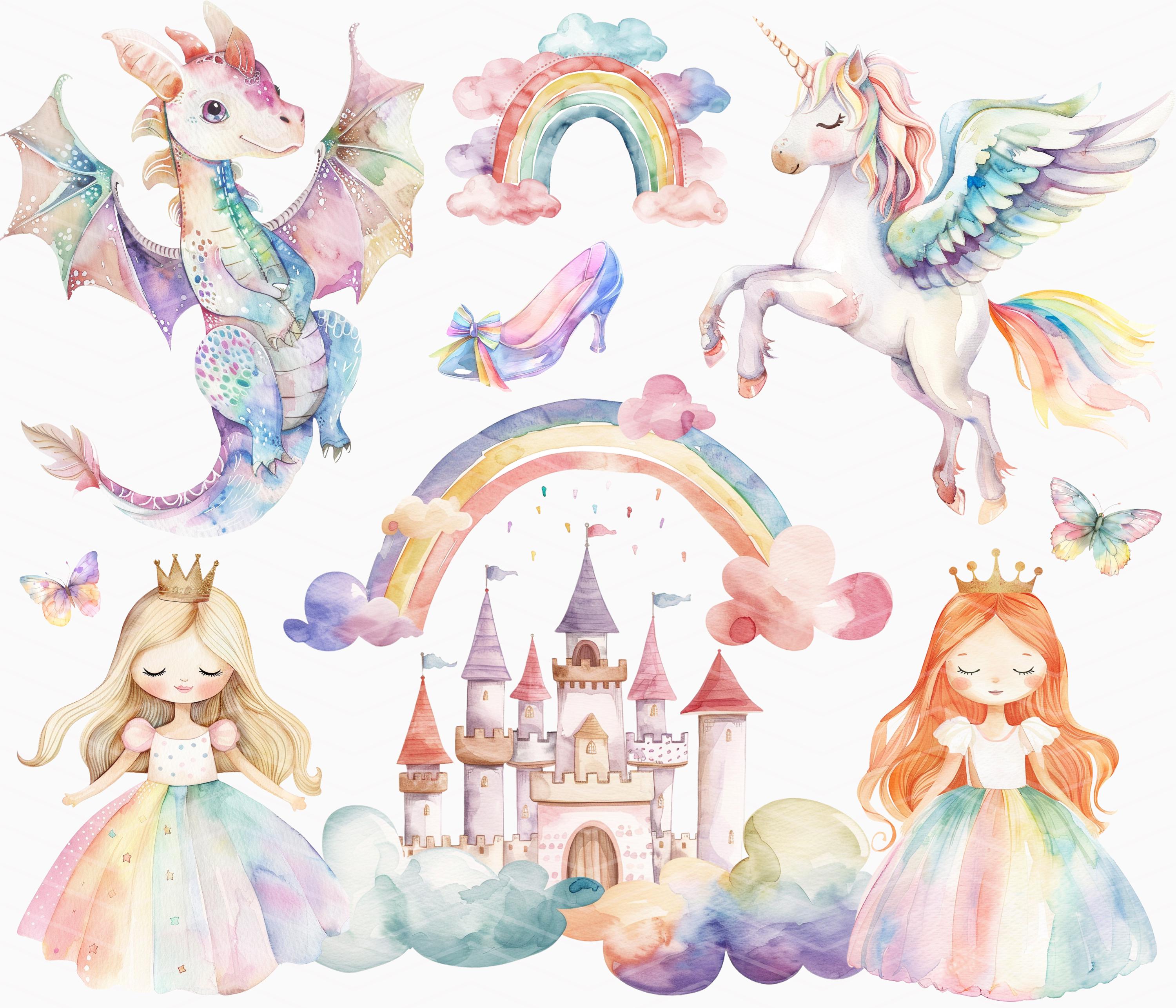 Rainbow Princess Watercolor Clipart: Unicorns, Dragons, Castle (PNG ...