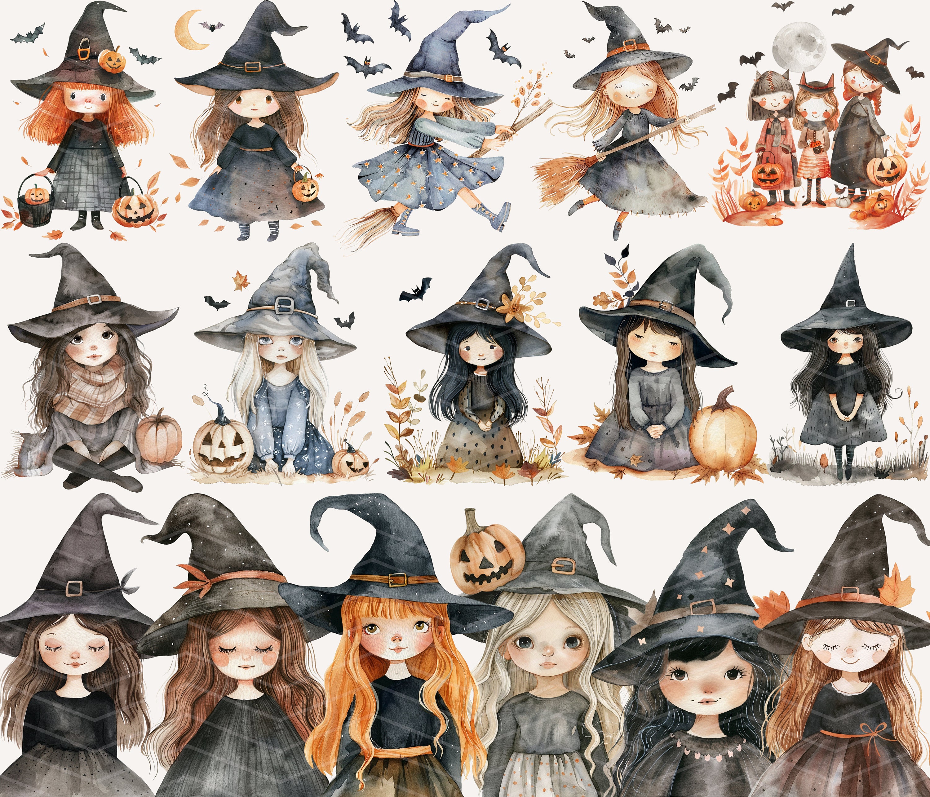 Halloween Clipart Bundle, Watercolor Witch, Pumpkin, Ghost (digital ...