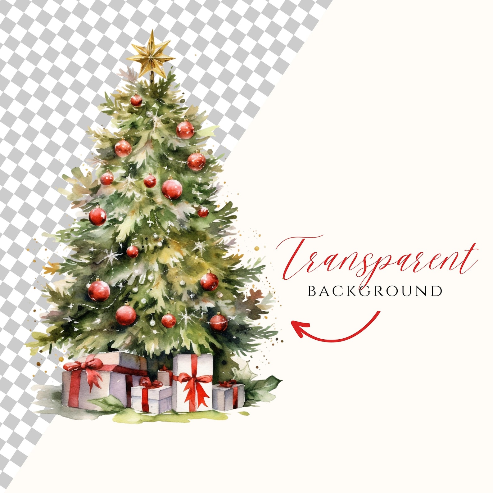 Watercolor Christmas Clipart Set, Classic Christmas Clipart Bundle, Red ...