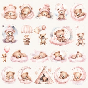 Pink Teddy Bear Clipart: Sleepy Watercolor Bear Bundle (digital ...