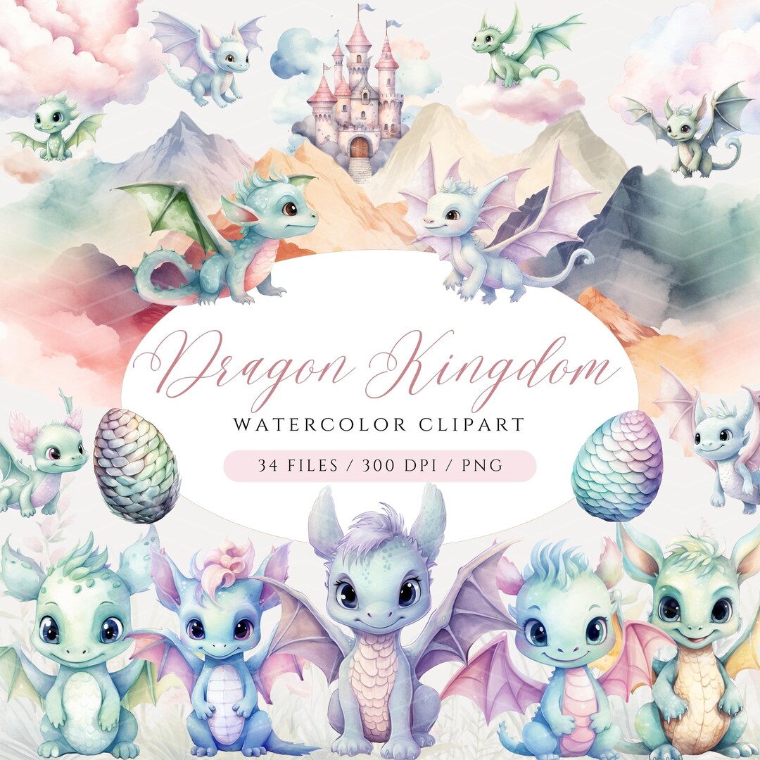 Cute Dragon Clipart, Watercolor Dragon Clipart, Dragon Kingdom, Pastel ...