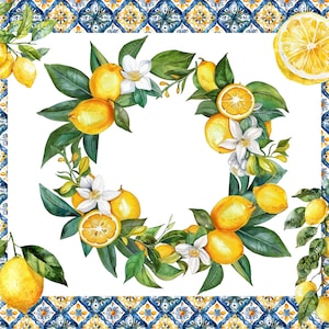 Mediterranean Watercolor Clipart Bundle: Lemon & Tile Designs (PNG ...