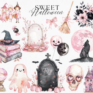 Pink Halloween Clipart Set, Watercolor Ghost, Owl, Witch (PNG, Digital ...