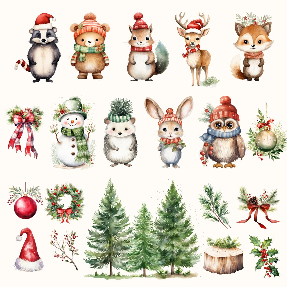 Watercolor Christmas Woodland Animals Clipart (digital Download) - Etsy