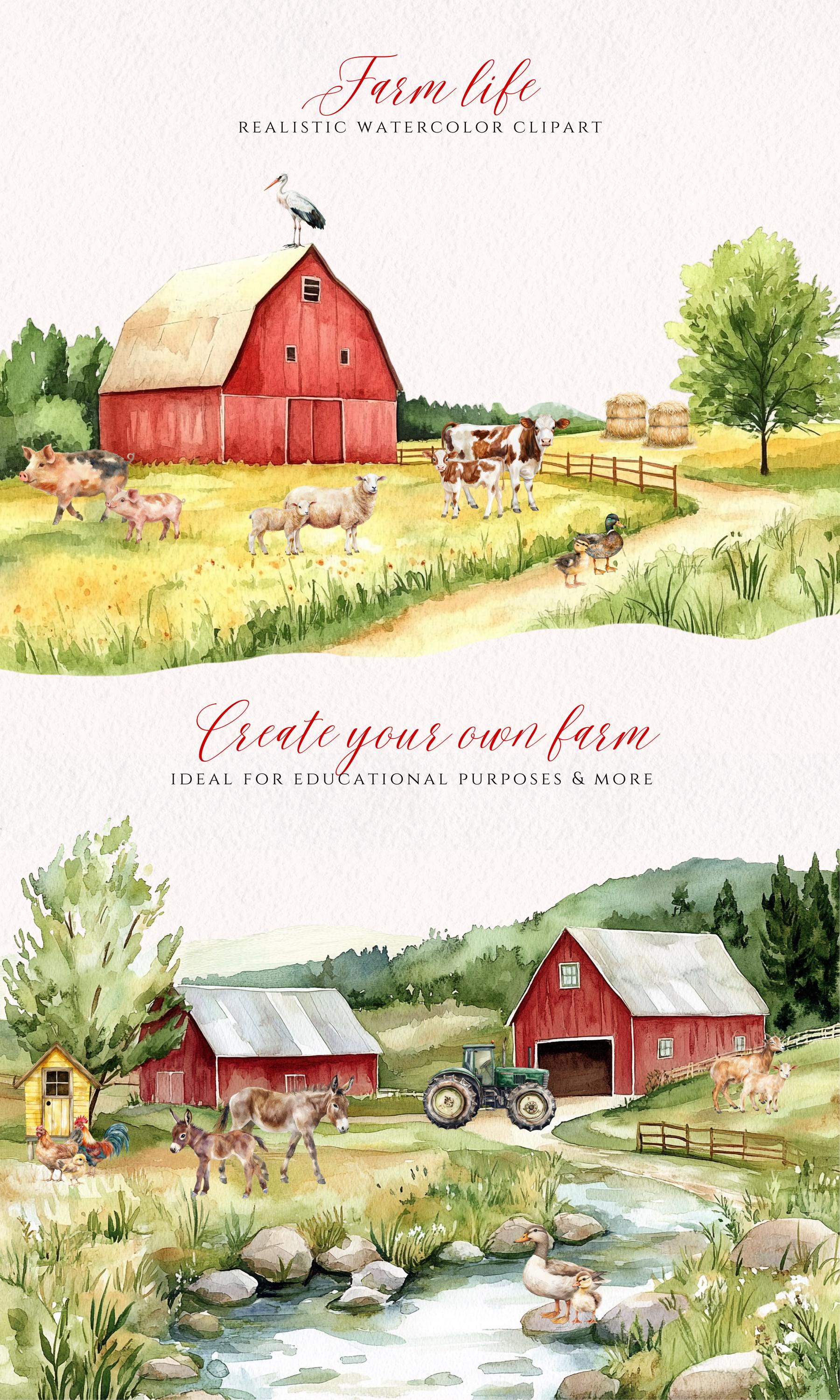 Watercolor Farm Animals Clipart: Realistic Countryside PNG (digital ...